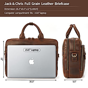 Jack&Chris Leather Briefcase for Men,Retro Business Travel Messenger Bag,Large 15.6 Laptop Work Bag
