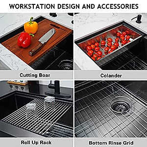 PEPO Workstation Apron-Front Kitchen Sink 36 Inch Gunmetal Black Farmhouse Undermount Sink, 16 Gauge 10 inch Deep Single Bowl Farm Sink with Accessories Kit