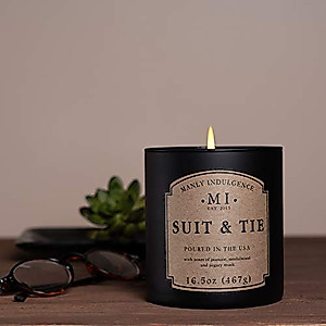 Manly Indulgence Suit & Tie Scented Jar Candle, Cotton Wick, Premium Soy Blend White Wax, 60 hr Burn, Matte Black Jar Candle for Home and Men, 16.5 oz - USA Poured