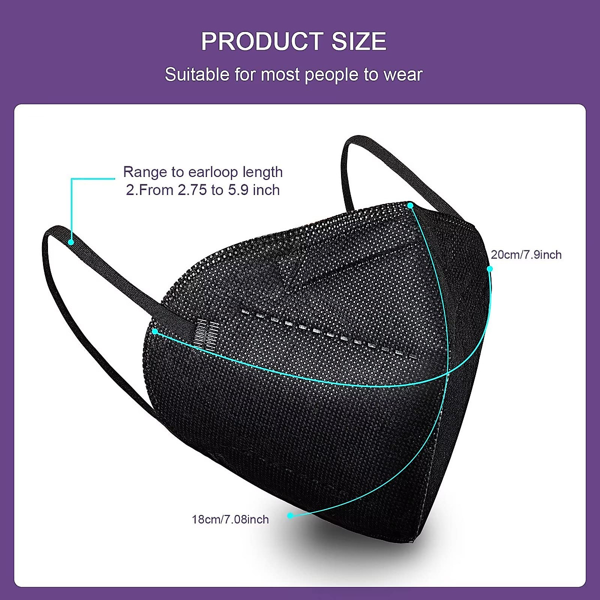 KN95 Face Mask 50 Pack, Individually Wrapped, Black Disposable Face Masks, 5-Ply Protection against PM2.5 Breathable Comfortable Safety Mask with Over 95% Filtering