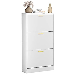 RESOM 3-Tier White Shoe Cabinet with Flip Drawers, Narrow Shoe Storage Rack, Modern Free Standing Tipping Bucket Shoe Organizer Cabinet for Entryway