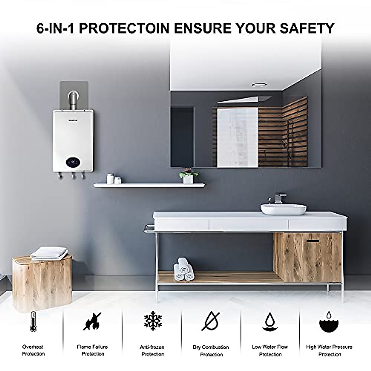 Tankless Water Heater, Camplux 5.28 GPM Water Heater Natural Gas, Tankless Hot Water Heater For Whole House, Indoor, White