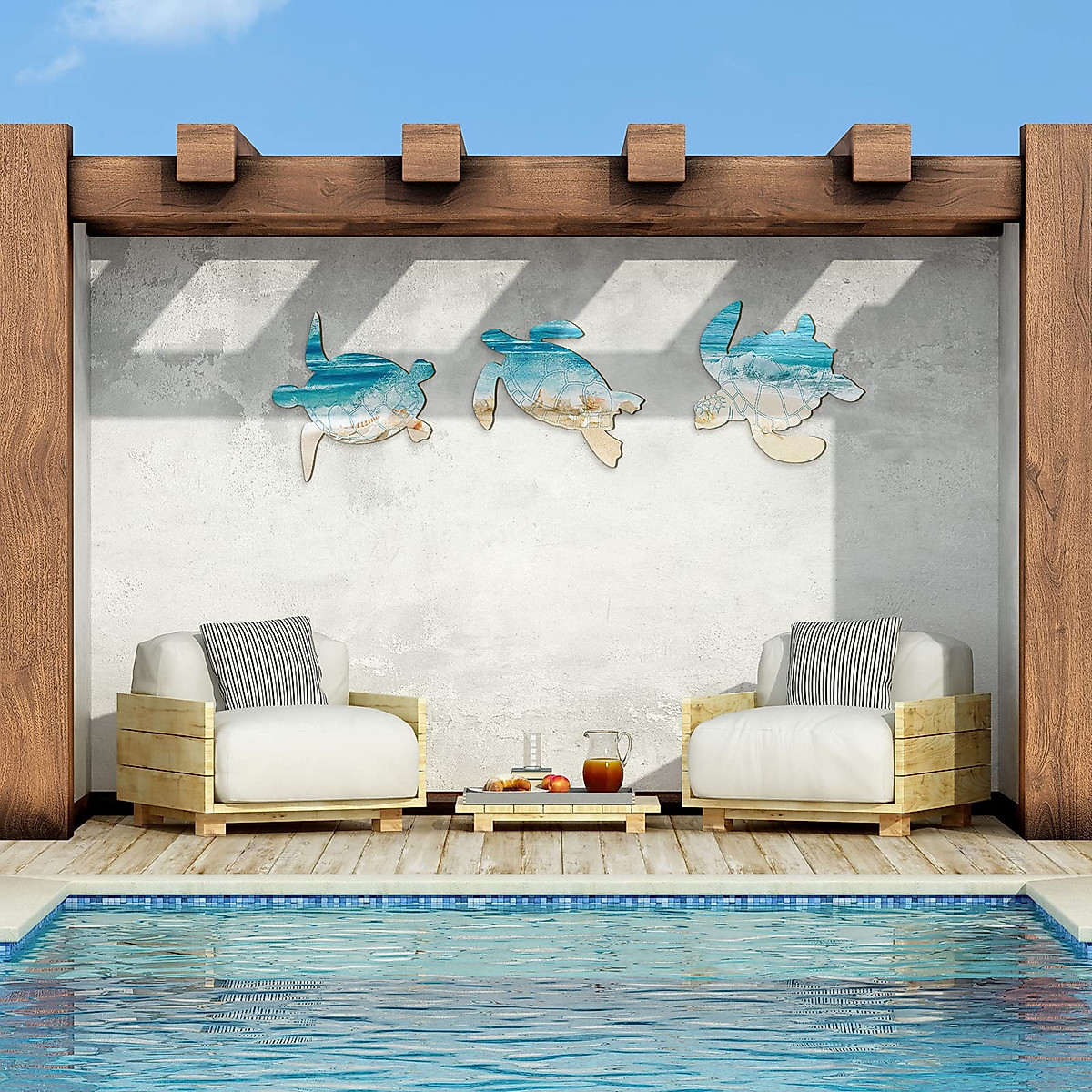 Tatuo Summer Coastal Wall Decor Beach Wall Art Decor Blue Sea Turtle Surfboard Seahorse Starfish Seashell Conches Crabs Sea Life Decor for Bathroom Bedroom Home(3 Pcs, Fresh Turtle Style)