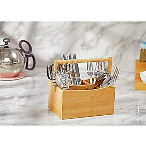 RoyalHouse Natural Bamboo Utensil Holder And Organizer For Kitchen Countertop, Bamboo Picnic Basket With Folding Handle for Camping Trip