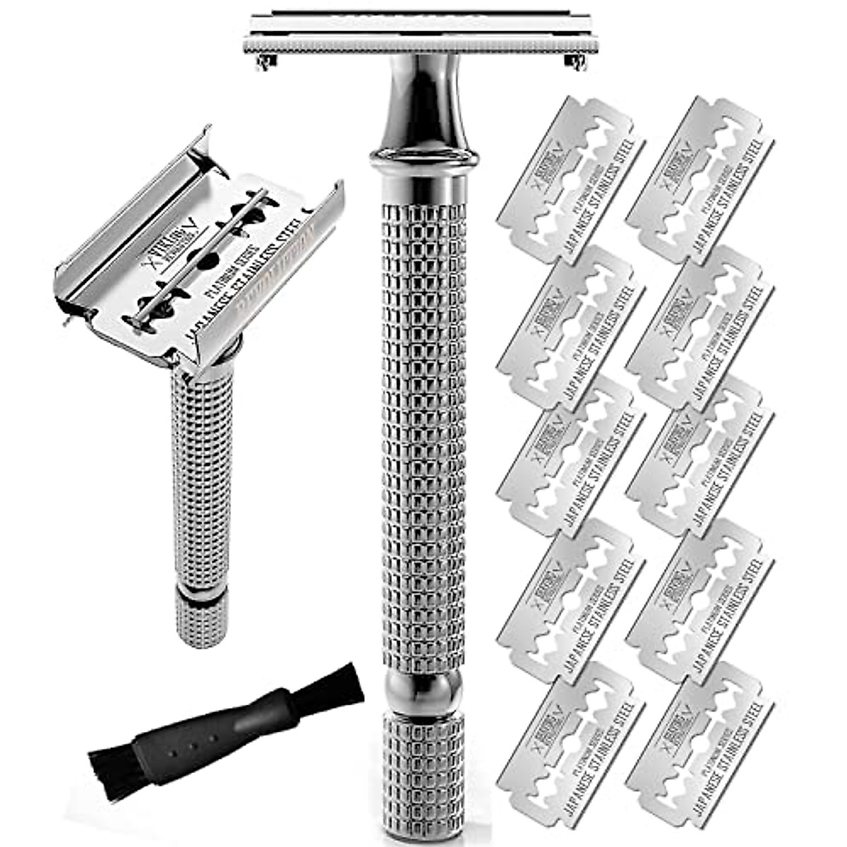 Viking Revolution Long Handle Double Edge Safety Razor - Butterfly Open Razor with 10 Japanese Stainless Steel Double Edge Safety Razor Blades - Close, Clean Shaving Razor for Men (Chrome Metal Razor)