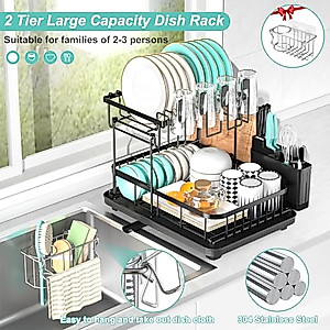 Loftiage Dish Drying Rack with Extra Sponge Holder for Kitchen Counter Sink, 2 Tier Large Dish Drainer Racks, Adjustable Spout Dish Strainer with Drainboard, Utensils, Cutlery Holder, Black