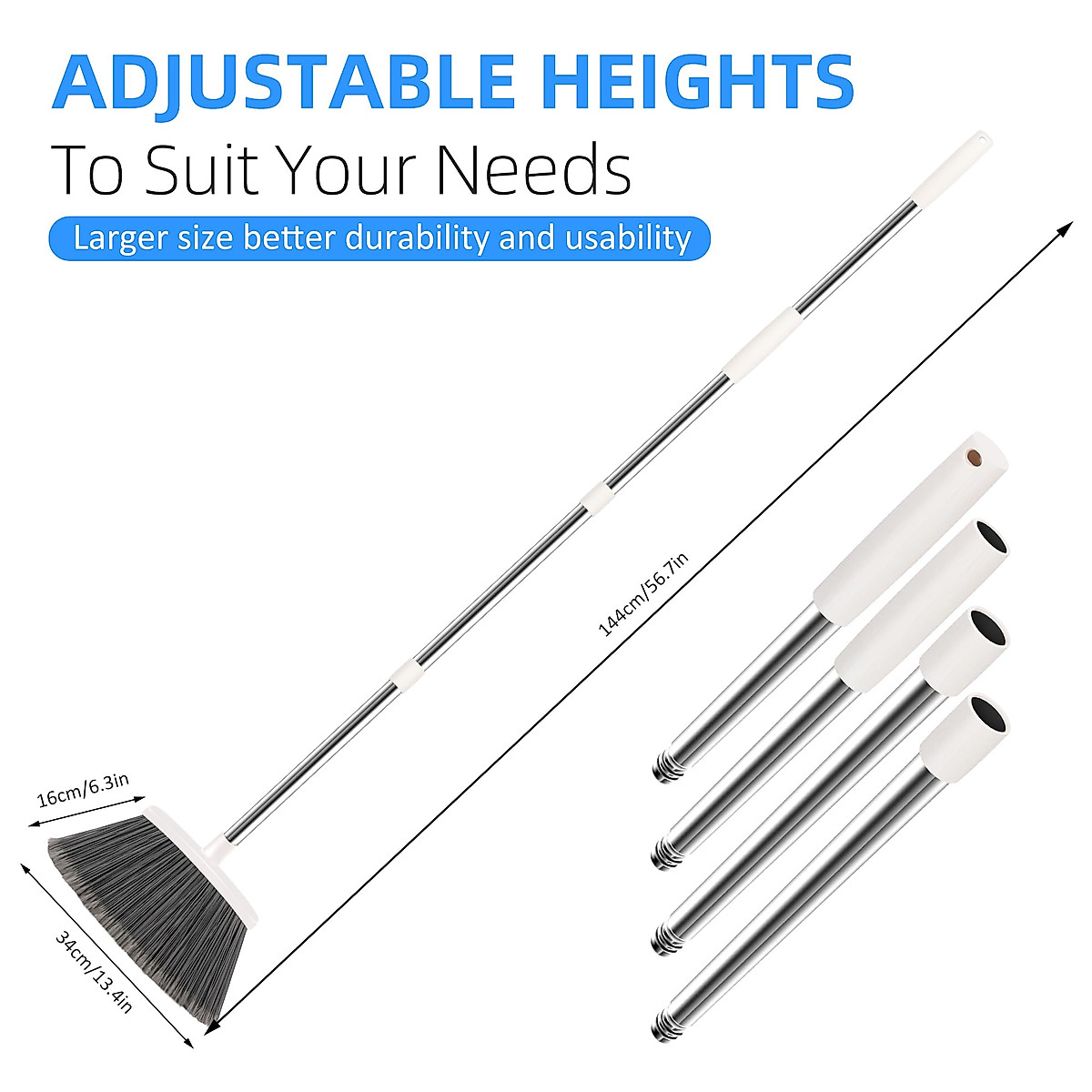 Upgraded Extra-Large Upright Broom 56.7" Length, White Broom Flowering Bristles for Enhanced Indoor and Outdoor Cleaning - Stainless Steel Handle - Cleaning Solution for Home, Kitchen, and Office