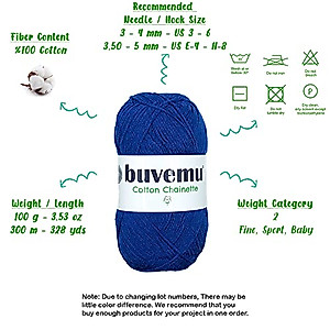 Buvemu Cotton Chainette Yarn, 100% Cotton Fine Weight for Knitting Crocheting, Summer Spring Yarn, 100 Gram (3.53 Ounces) 328 Yards (300 Meters) (Royal Blue)