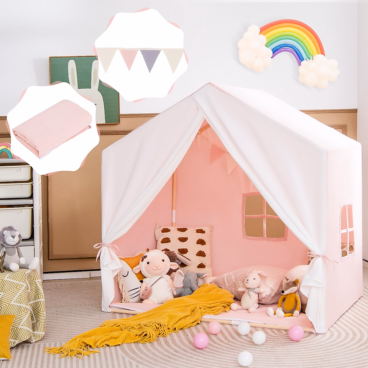 HONEY JOY Kids Play Tent, Toddler Tent Indoor Playhouses with Mat, Windows, Curtain, Solid Wood Frame, 52" x36" x 52", Large Children Princess Castle Play Tent for Boys Girls (Pink)