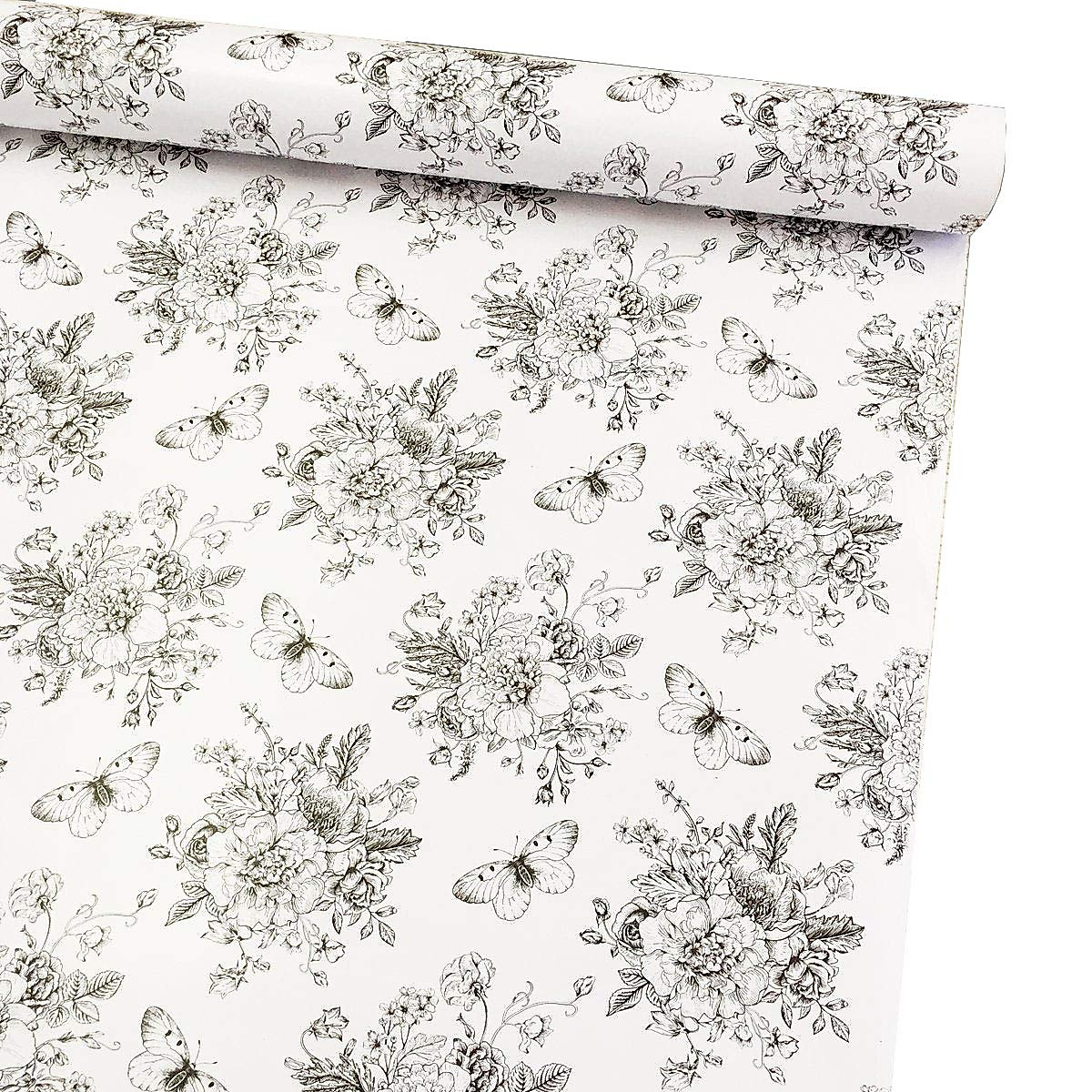 TaoGift Self Adhesive Peony Floral Butterfly Shelf Liner Contact Paper for Dresser Cabinets Walls Backsplash Furniture Decal 17.7x117 Inches