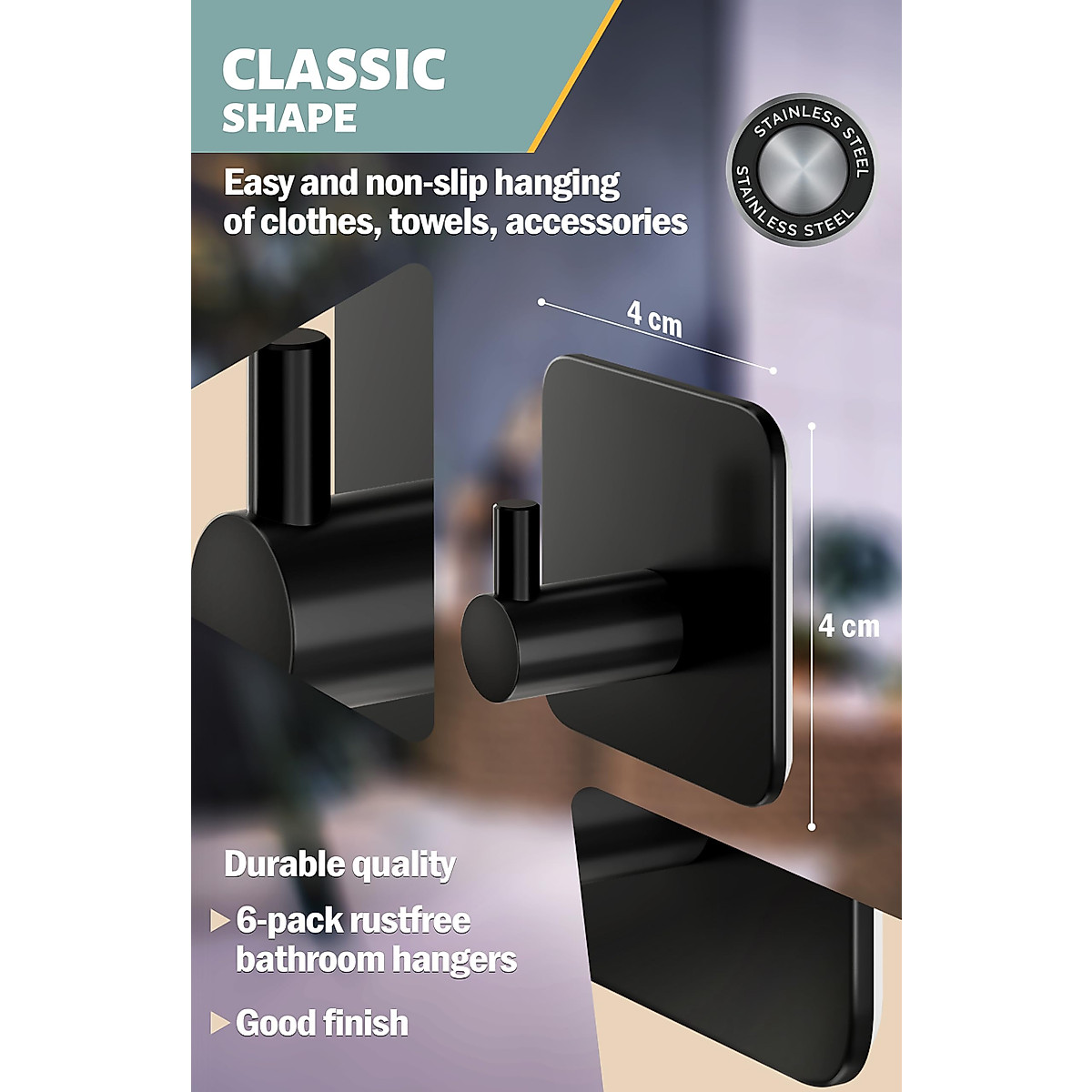 Menz 6-Pack Towel Hooks for bathrooms, Black - Durable Adhesive Hooks, Adhesive Wall Hooks, Adhesive Towel Hooks, Waterproof Stick on Hooks