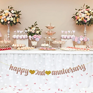 Rose Gold Glitter Happy 2nd Anniversary Banner, 2nd Wedding Anniversary Party Decorations Suppilies, Cheers to 2 Year Banner (2nd)