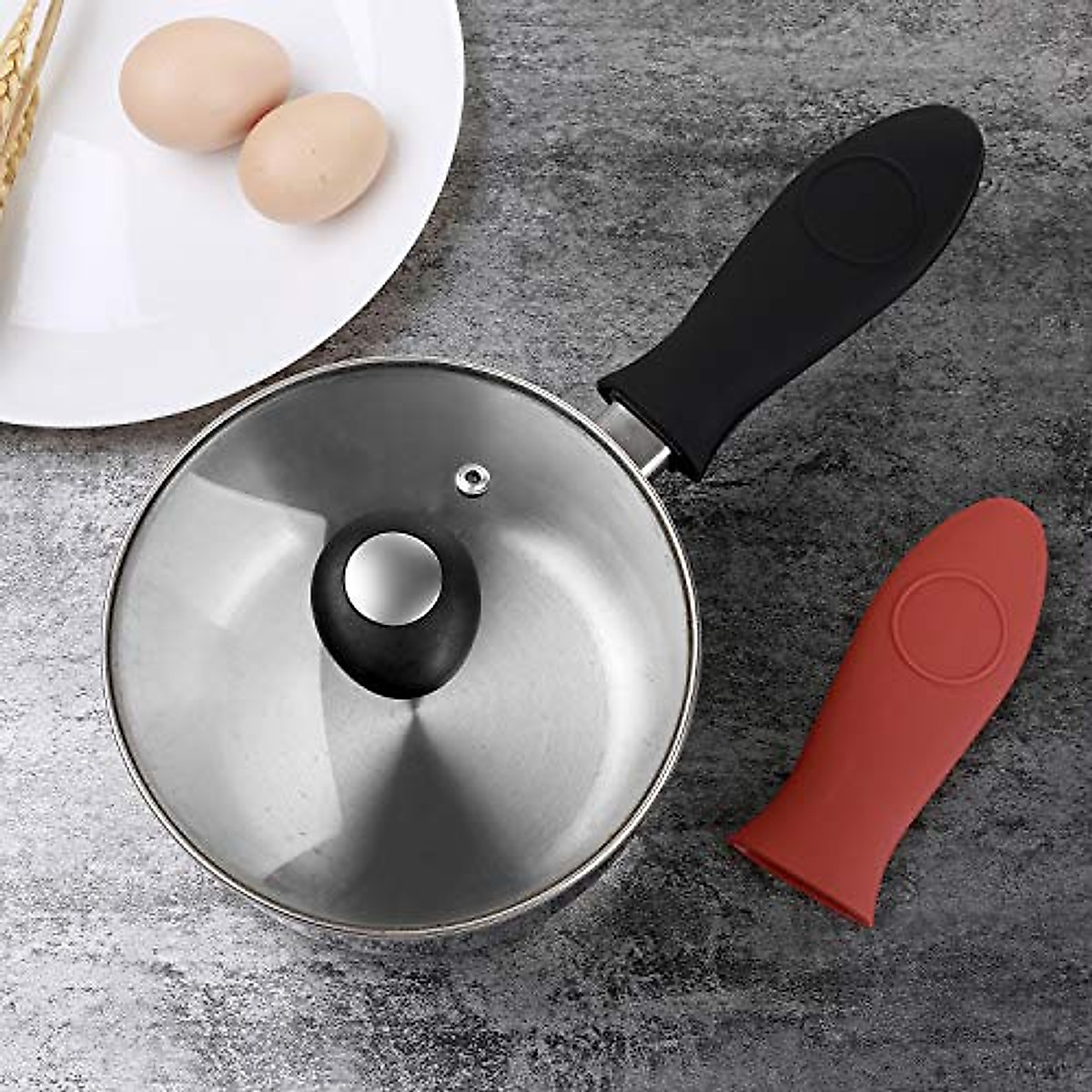 SKEMIX 4 Packs Silicone Hot Handle Holder Kitchen Heat Resistant Fry Pan Milk Pot Sleeve Grip Handle Cover Potholder for Cast Iron Skillets Griddles Metal & Aluminum Cookware – Black & Red