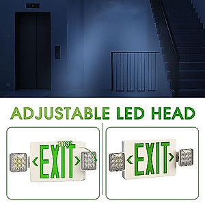Garrini LED Green Emergency Light Combo Exit Sign Rectangular Adjustable Lamp 2-Heads UL Certified GC4 for Apartments Hotels Hospitals Offices(Green)