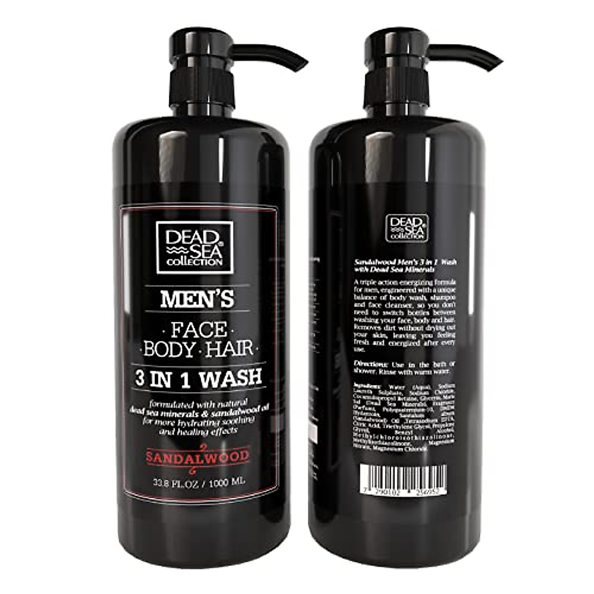 Dead Sea Collection 3 in 1 Body Wash for Men – Sandalwood Cleanser for Body, Hair and Face - Pack of 2 Bottles (33,8 Fl. Oz. Each)