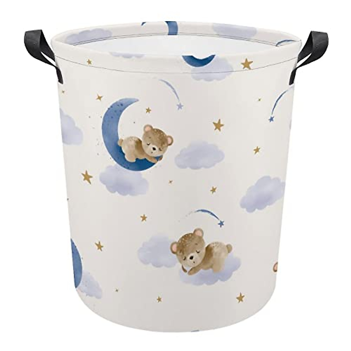 Cute Bear Pattern Waterproof Laundry Baskets Moon Stars Collapsible Laundry Hamper with Handles Large Round Toy Bin for Dirty Clothes,Kids Toys,Bedroom,Bathroom