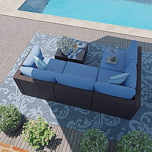 SUNBURY 5-Piece Outdoor Sectional Brown Wicker Sofa, PE Rattan Patio Furniture Set w Blue Cushion, Tempered Glass Table, Weatherproof Cover for Backyard