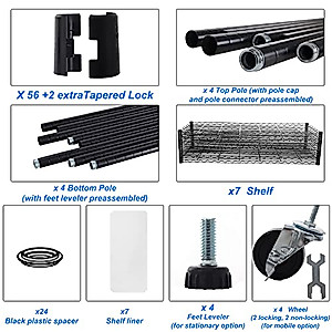 pouseayar 7 Tier NSF Metal Shelf Wire Shelving Unit, 2450lbs Capacity Heavy Duty Adjustable Storage Rack with Wheels & Shelf Liners for Closet Kitchen Garage Basement, 82" H x 48" L x 18" D - Black