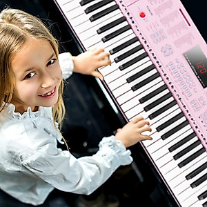 Vangoa VGK610 Piano Keyboard, 61 Mini Keys Portable Music Keyboard for Beginners with Microphone, 3 Teaching Modes, 350 Tones, 350 Rhythms, 30 Demos, Pink
