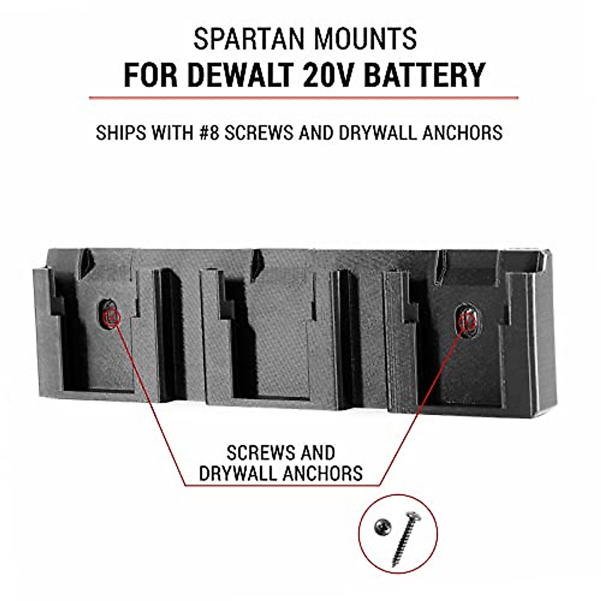 Spartan Mount for DeWalt 20V Battery - 1 Mount, 3 Battery Slots, Wall Mount Storage Rack for Batteries, Cordless Drill and Power Tool Organizer, Garage Organization
