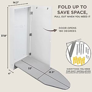 Ivation Wall-Mounted Ironing Board Cabinet with Farmhouse Door, Foldable Ironing Storage Station for Home, Apartment & Small Spaces, Easy-Release Lever, White