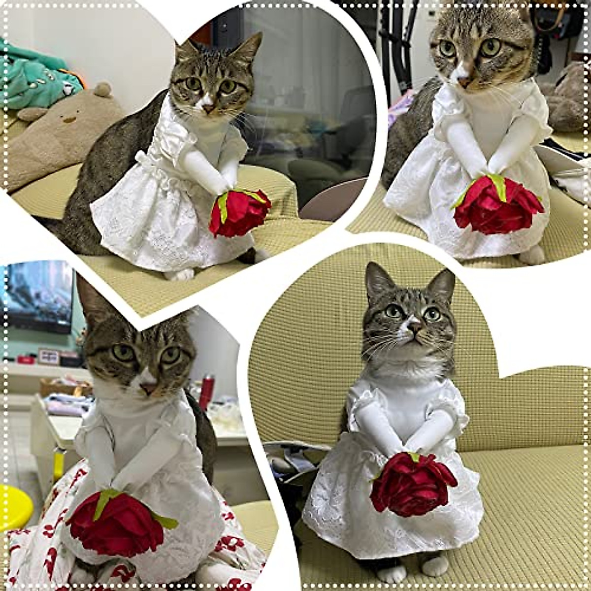 FUAMEY Dog Wedding Dress,Pet Costumes Evening Dresses Tutu Shirts,Puppy Girl Bride Skirt Holding Flowers Clothing,Fancy Luxury Rose Lace Dog Cat Bridesmaid Attire,Pet Sweet Formal Apparel Outfit White