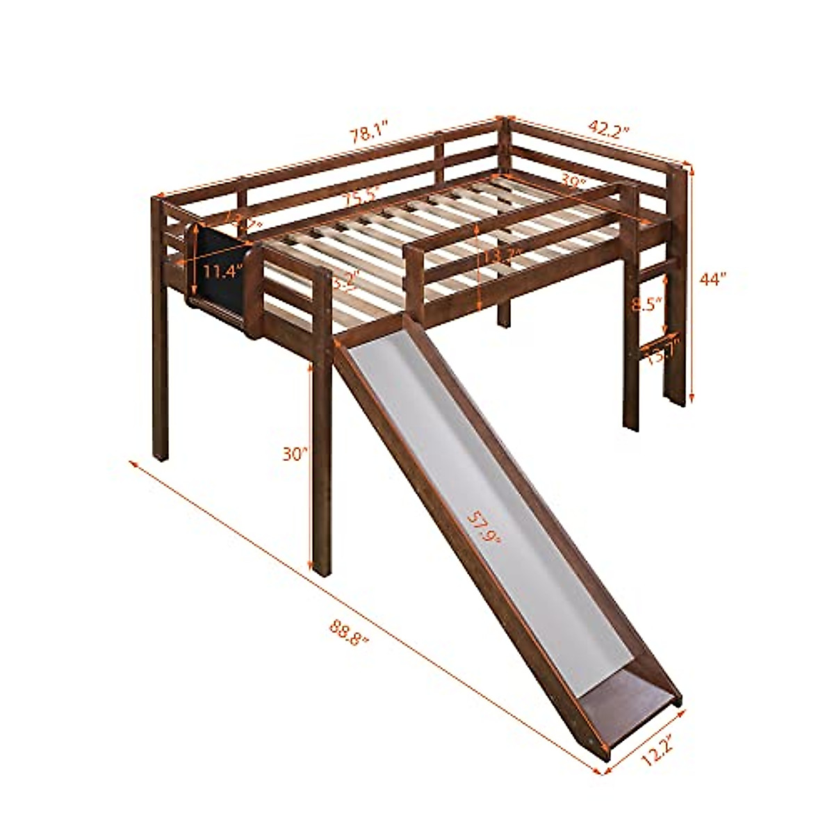 HABUHOME Twin Loft Bed with Slide, Wood Twin Size Loft Bed Frame with Stair and Chalkboard, Bedroom Furniture, Walnut