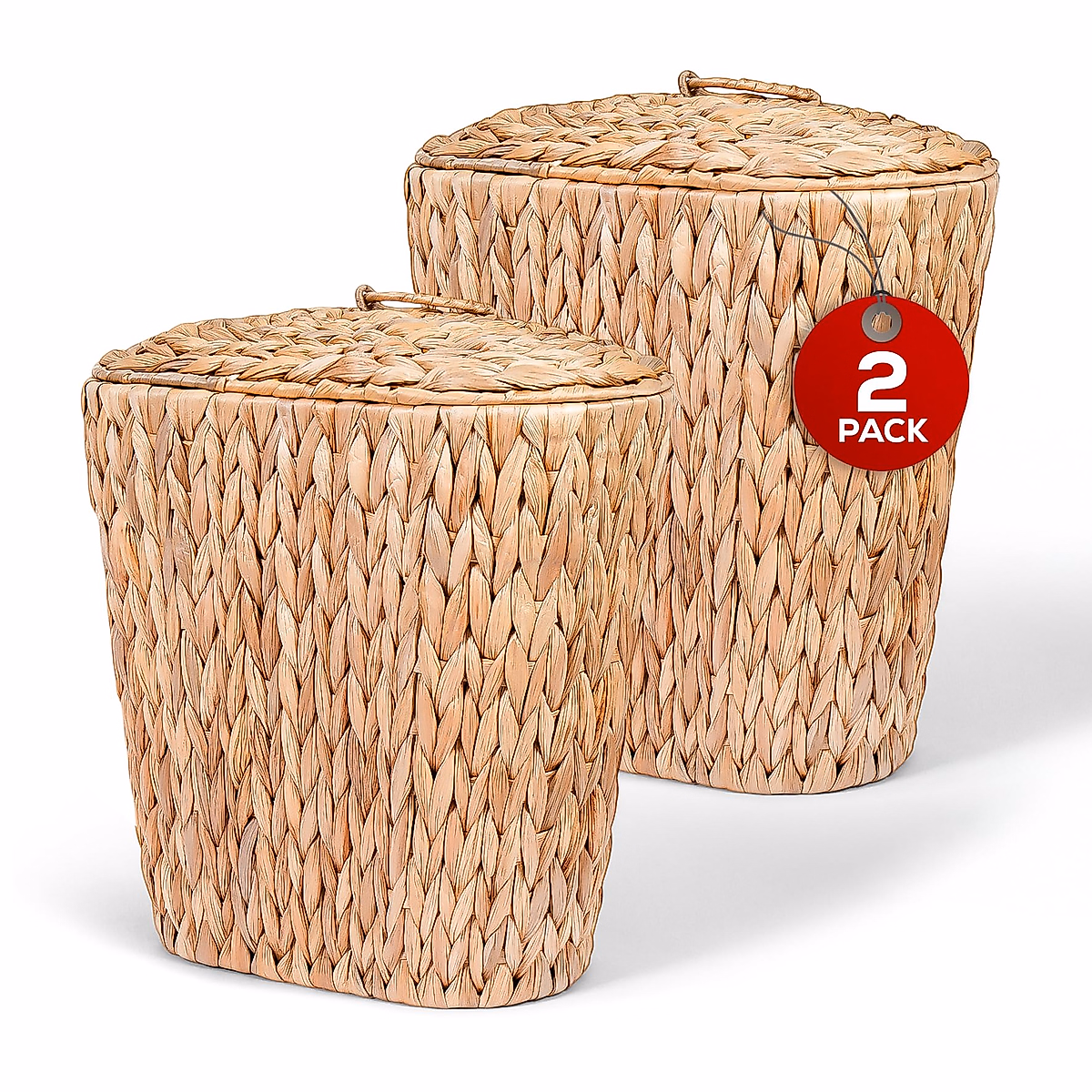 SNOWECRAFT 2-Pack Slim Wicker Basket with Lid – Small Waste Basket for Narrow Spaces | Rattan Decor - Handwoven Water Hyacinth Baskets and Covers | Covered Trash Can - Set of Two