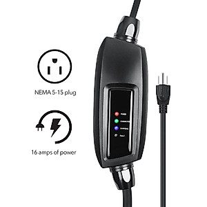 Lectron Electric Vehicle Charger 16 Amp - Level 1 EV Charger (110V) with 21ft Extension Cord & Nema 5-15 Plug Compatible with All J1772 EVs