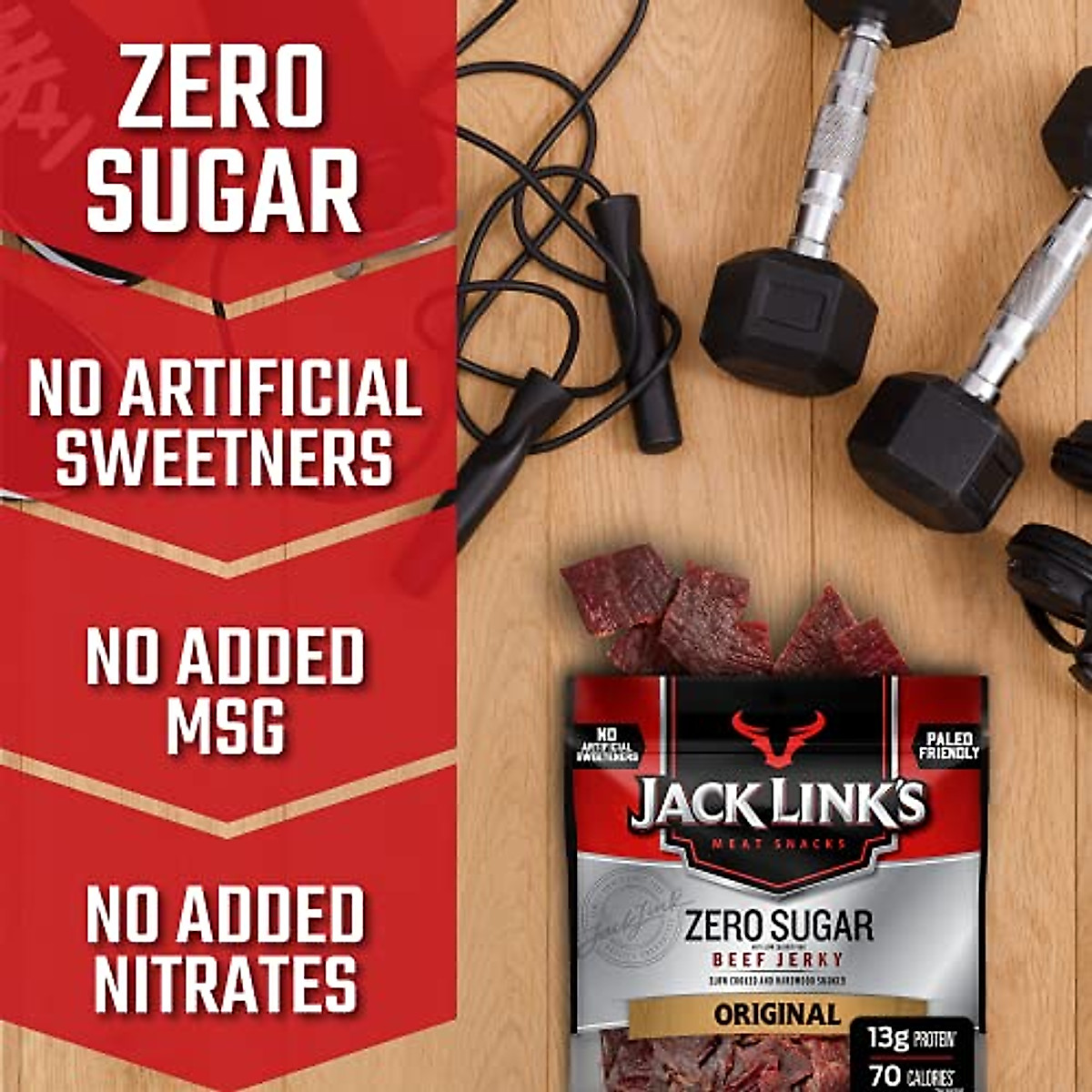 Jack Link's Beef Jerky, Zero Sugar, Paleo Friendly Snack with No Artificial Sweeteners, 13g of Protein and 70 Calories Per Serving, No Sugar Everyday Snack, 2.3 oz