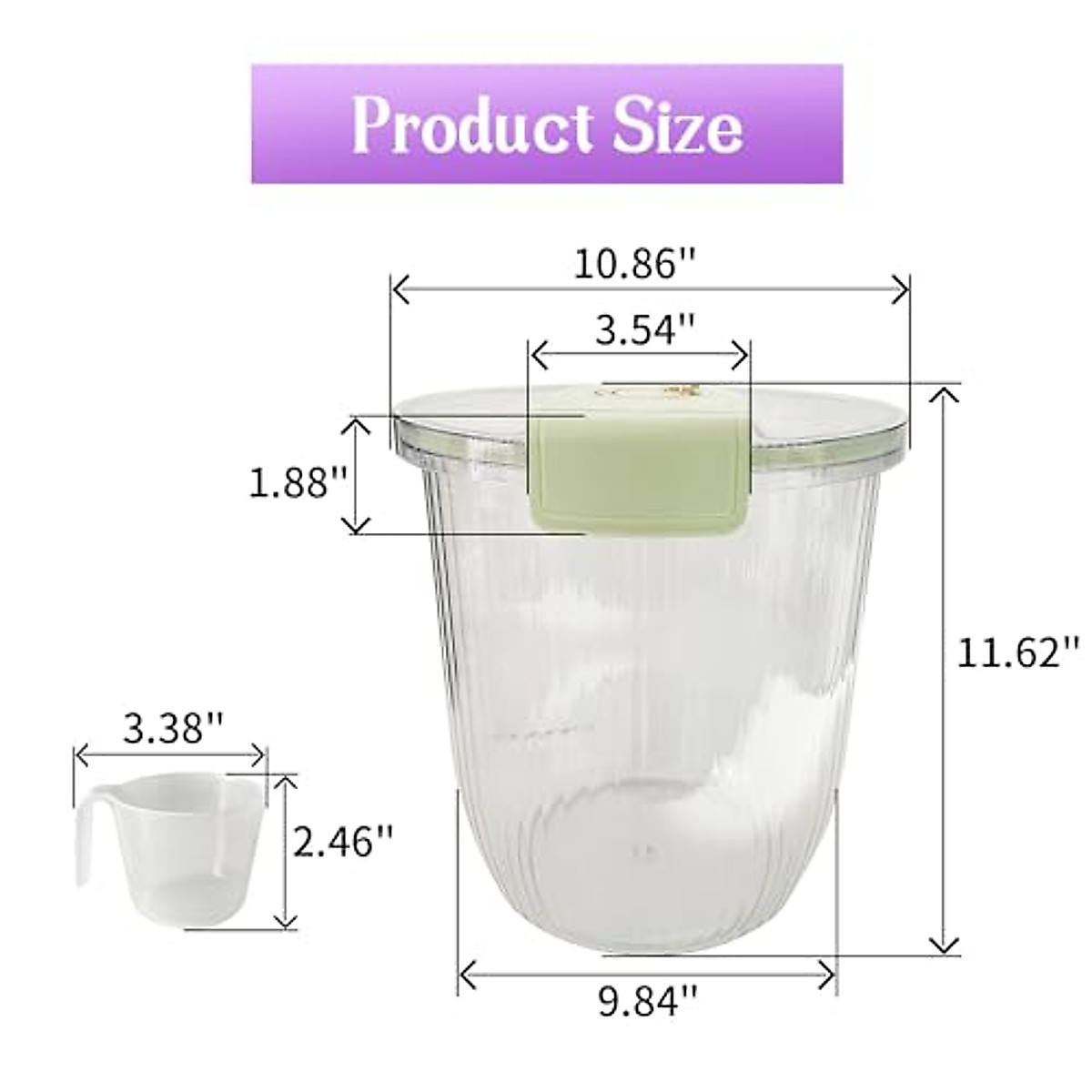 Airtight Rice Storage Container 20 Lbs, Rice Dispenser Crystal-Clear Flour Storage Container, Cereal Holder Bin with Measuring Cup for Kitchen Pantry Organization and Storage (Green)