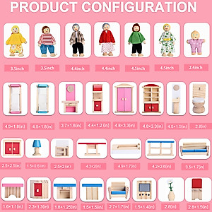 Dollhouse Furniture Wooden Doll House Furnisher 5 Set and 7 Family Dolls, Doll Wood Accessories and Furnishings for 1:12 Scale Miniature Dollhouse, Family Figures Pretend Play Toy