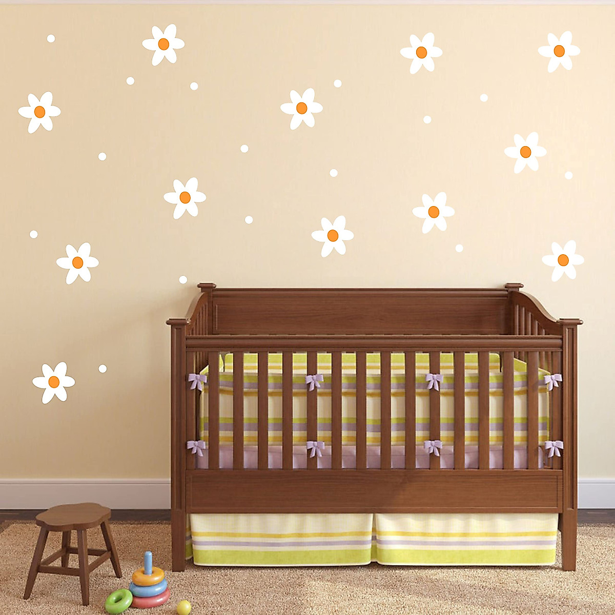 Daisy Flower with dots Wall Decals Nursery Decal Living Room Vinyl Wall Decal Wall Sticker Kids Room Wall Decor Y43 (White,Yellow, Design 1)