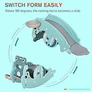 Qaba 3-in-1 Kids Portable Slide Rocking Horse Toy with Basketball Hoop for Age 1.5-3 Boys and Girls, Mint Green