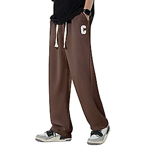SHENHE Men's Elastic Waist Drawstring Sweatpants Straight Leg Loose Pants Trousers Coffee Brown M