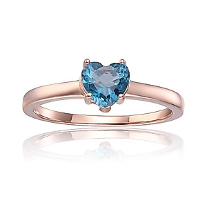 Fine Color Jewels Garnet Blue Topaz Pink Amethyst Heart Solitiare Ring Art Deco Style Rose Gold Ring for Women Valentines Day Gift for Her in Size 5 6 7 8 (Blue Topaz, 5)