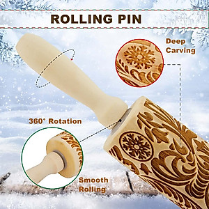 Wooden Engraved Rolling Pin with Christmas Snowflake Designs - For Baking Cookies and Decor