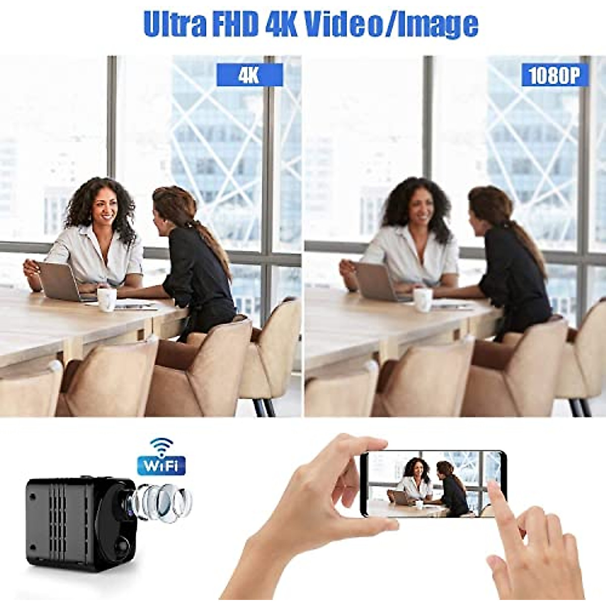 4K HD Spy Camera Wireless Hidden Camera WiFi Long Battery Life Mini Real-time Remote View Mini Convert Camera with Phone APP Night Vision Motion Sensor Security Surveillance Cam for Car