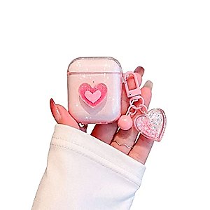 Ownest Compatible for AirPods Case, Cute 3D Heart Clear TPU Shockproof Cover Case Glitter with Bell Keychain for Women Girls for Airpods 2&1-Pink