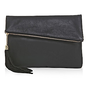 MG Collection Black Clutch Purses for Women Evening or Casual Handbag with Foldover Design, Zipper and Decorative Tassel