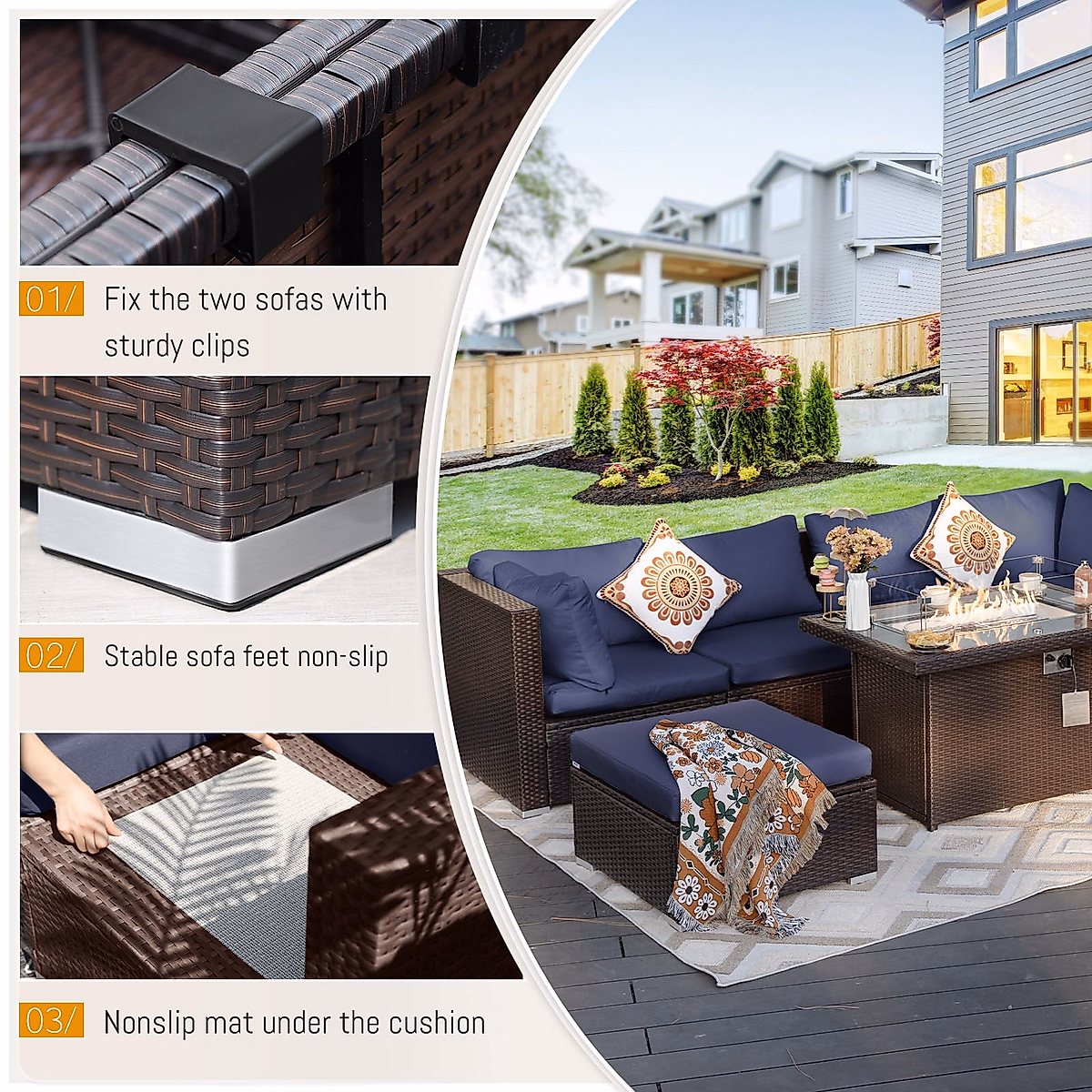 BULEXYARD High Back Brown PE Rattan Outdoor Patio Furniture Set with Propane Fire Pit Table, Large Wicker Outside Sectional Furniture Sofa Conversation Sets for Backyard(Navy Blue, 9Pcs-A)