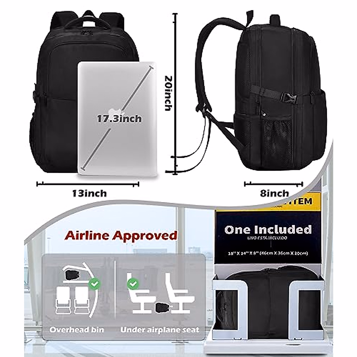 Lekakii Backpack for Traveling On Airplane, Travel Backpack for Women Men, 45L Nylon 600D Waterproof Carry On Backpack, Personal Item Laptop Backpack Black