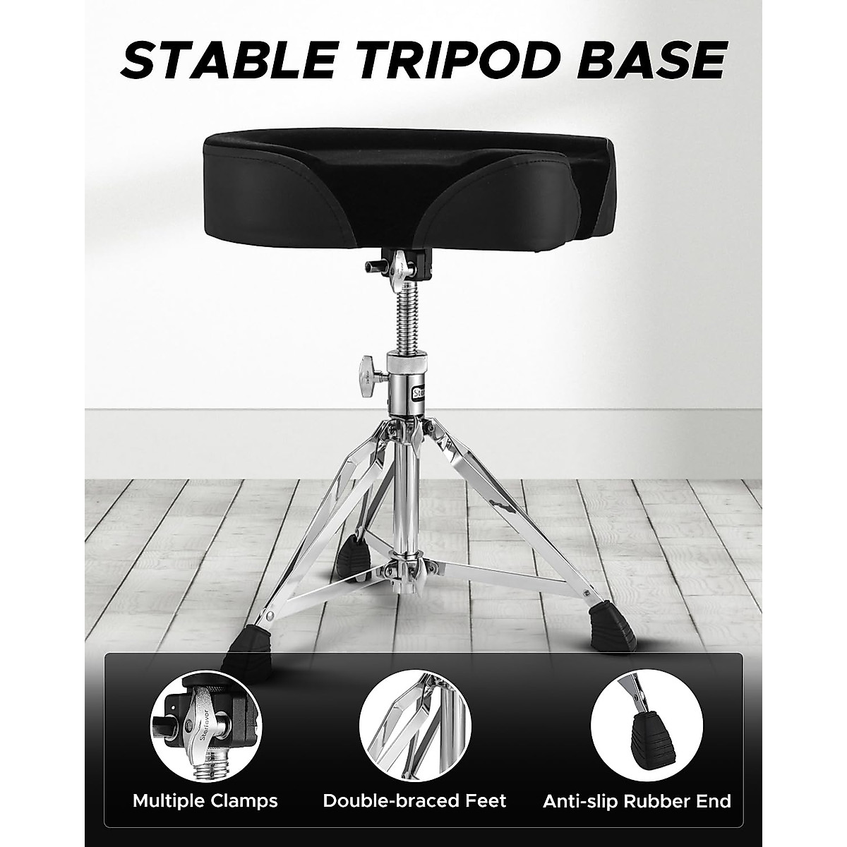 Starfavor Drum Throne Height Adjustable Padded Seat Drum Stool Saddle Drum Seat, with Double Braced Anti-Slip Feet Swivel Drum Chair for Adults, Motocycle Style, ST-500
