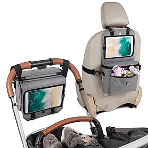 TEKIN Kids Car Seat Organizer with iPad Holder Backseat Car Organizer for long Trips for Kids Stroller Organizer Bag with Tablet Holder, Car Travel Accessories Kids Essentials Organizer Bag -Gray