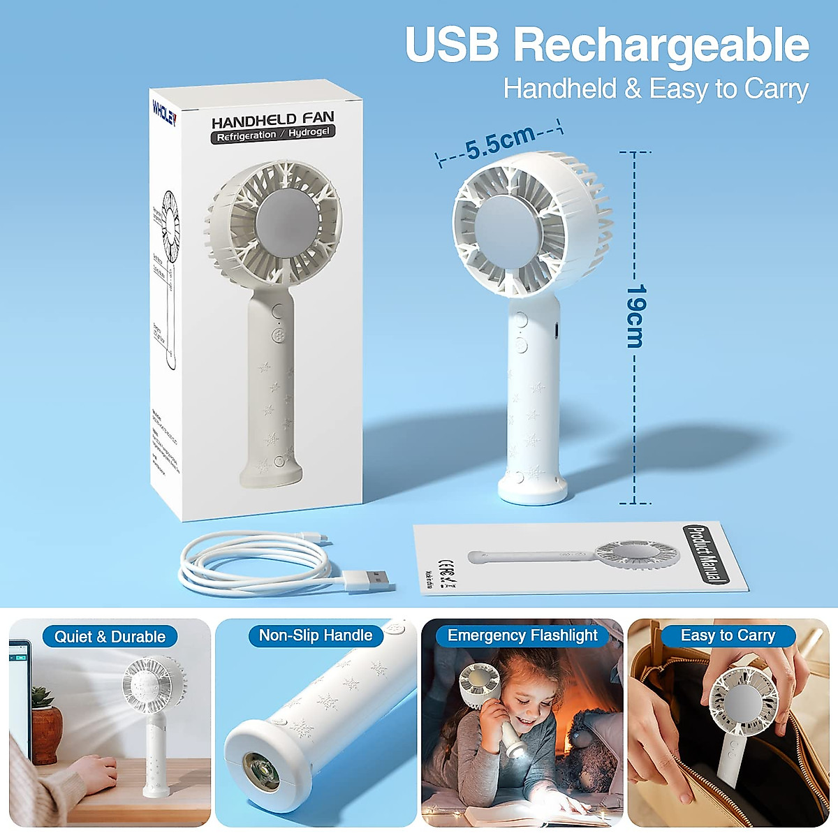 WHOLEV Portable Handheld Fan with Refrigeration Mode, 3 Speed Cold Wind Hand Fan, 3000mAh Battery Operated Rechargeable USB Fan, Non-Slip, Flashlight, Quick Cool Down Ice Cool Circular Cooling Pad