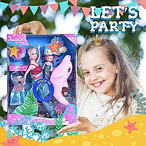 BETTINA Mermaid Princess Doll Pack, Color Changing Mermaid Tail, Dress Doll 12" and Dress Doll 3" and Dolphin Color Reveal Mermaid Toys for Little Girls and Play Gift Set Aged 3+