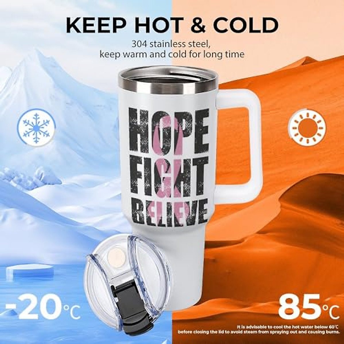 Hope Fight Believe - Breast Cancer 40oz Water Bottle Double Wall Insulated Tumbler with Handle Leakproof Travel Mug White-style