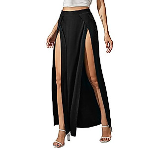 Verdusa Women's Elastic Waist High Split Wrap Flowy Long Maxi Skirt Black L