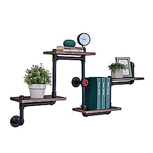 BOSURU Industrial Floating Pipe Wall Shelves Rustic Wood Shelving 4 Layer Ladder Hanging Bookshelf for Bedroom Office Decor