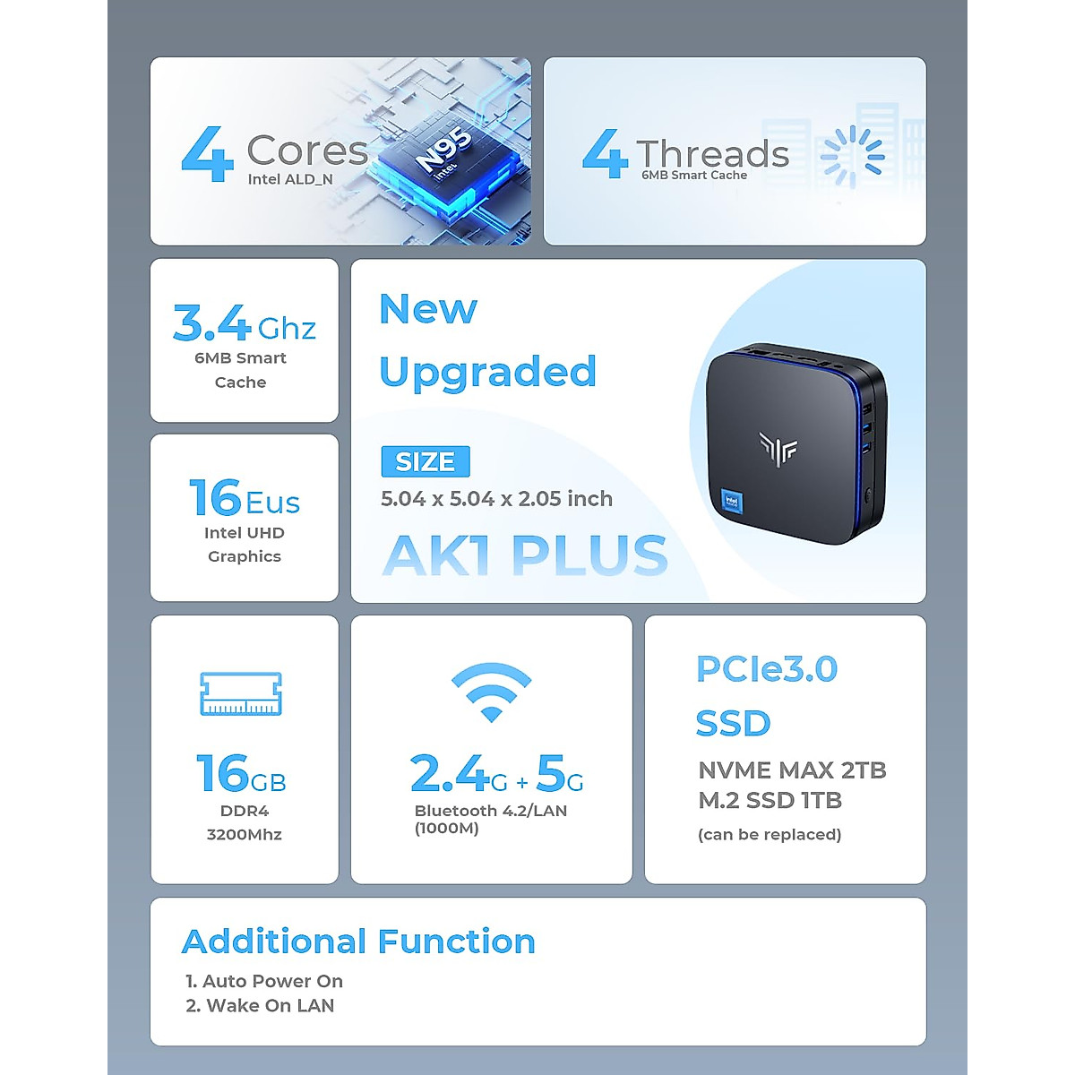 KAMRUI AK1PLUS Mini PC with Intel Alder Lake N95(up to 3.4 GHz), 16GB DDR4 RAM 1TB M.2 NVME SSD Small Desktop Computers, Micro Computer Towers Support 4K UHD for Business Office Industrial IOT Home